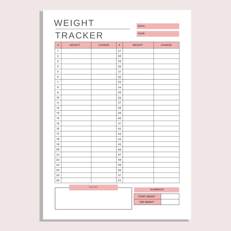 Weekly Weight Loss Tracker | Printable Fitness Planner | 1 Year Weight ...
