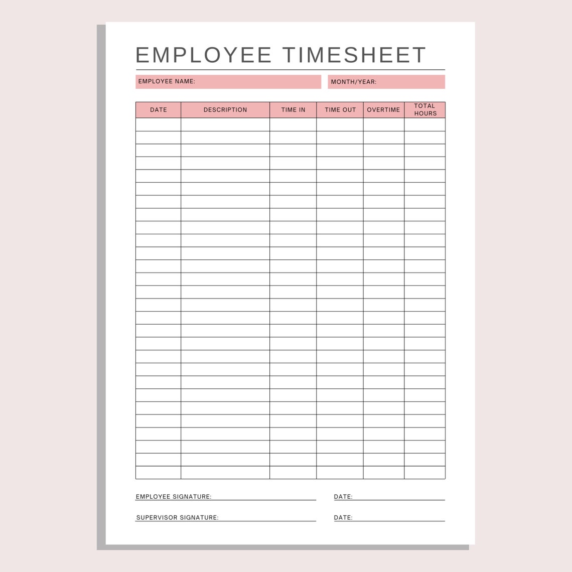 Employee Timesheet | Printable Work Schedule Tracker | Timekeeping Log ...