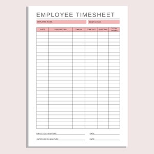 Employee Timesheet | Printable Work Schedule Tracker | Timekeeping Log ...