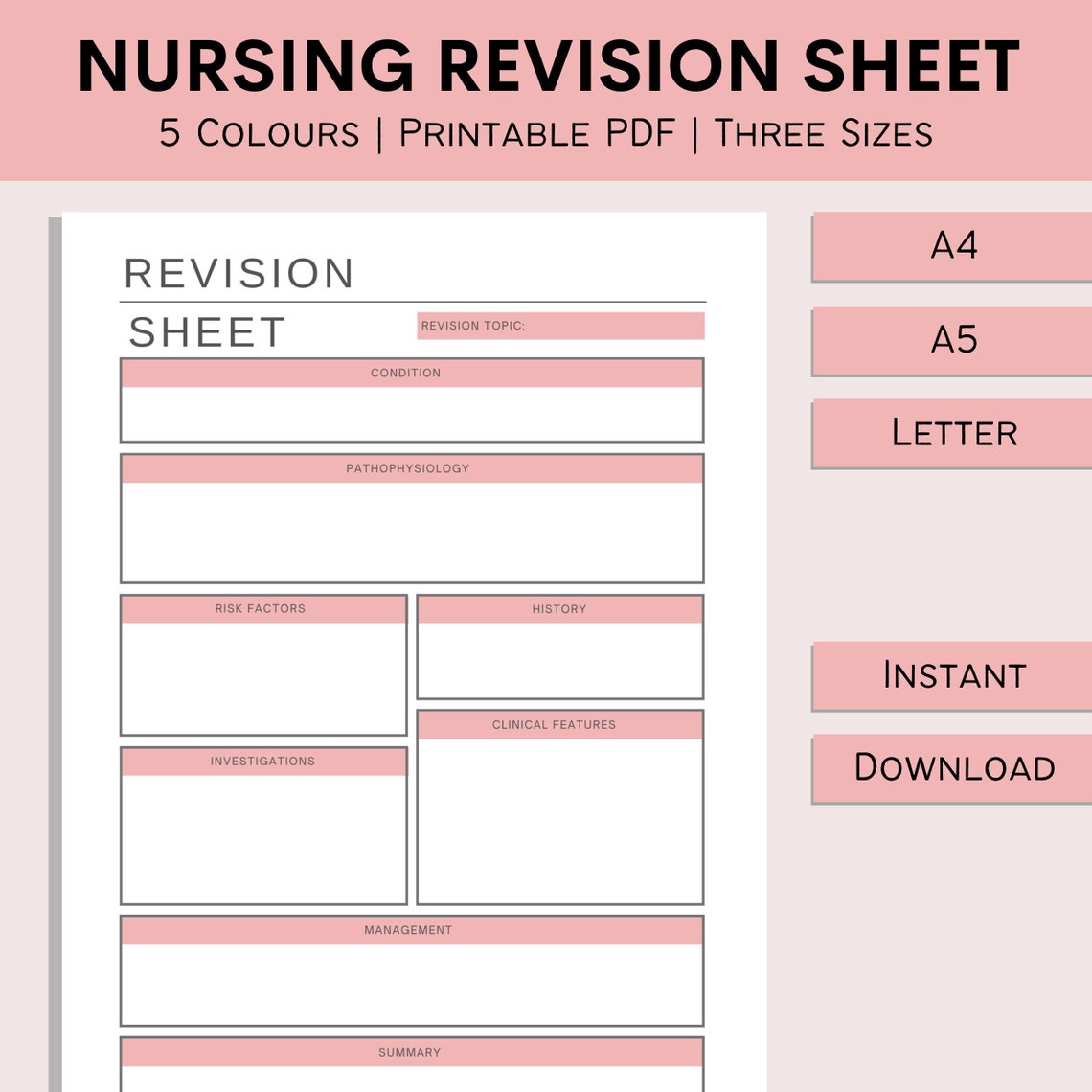 Nursing Revision Sheet | Printable Nursing Template | Condition Summary ...