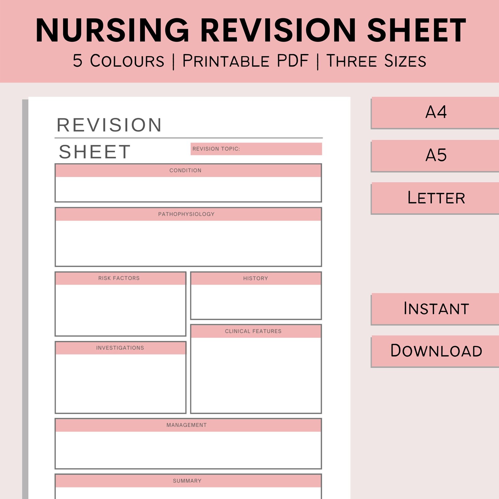 Nursing Revision Sheet | Printable Nursing Template | Condition Summary ...