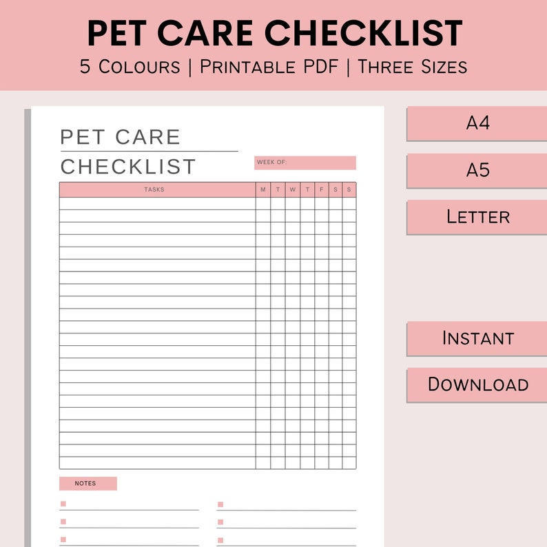 Pet Care Checklist | Daily Care for Animals | Printable Weekly Tracker ...