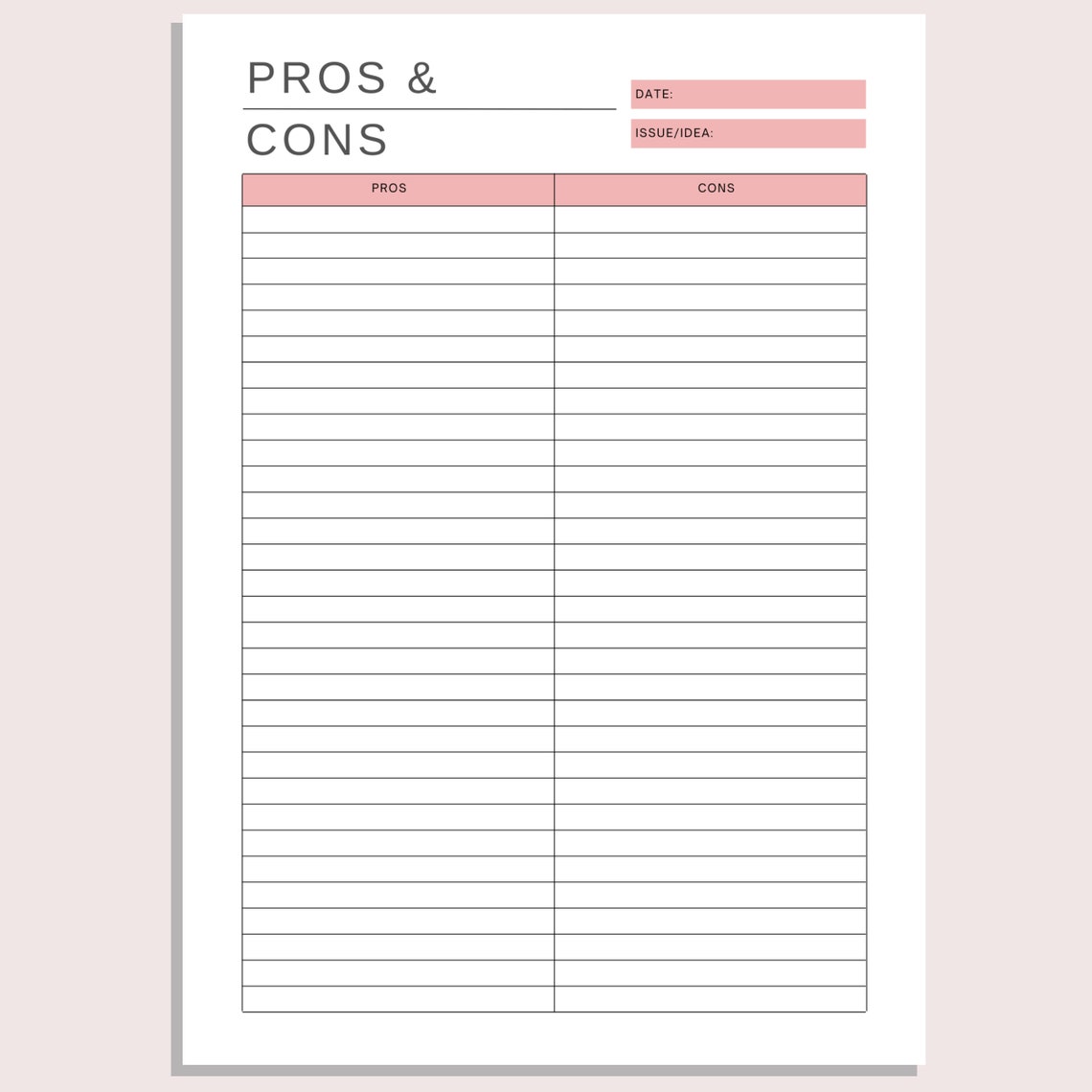 Pros and Cons List Printable Idea List Issue Organization Sheet Print ...