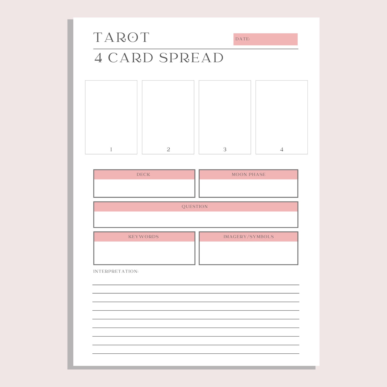 Printable Tarot Journal | Tarot 4 Card Spread | Card Reading Template ...