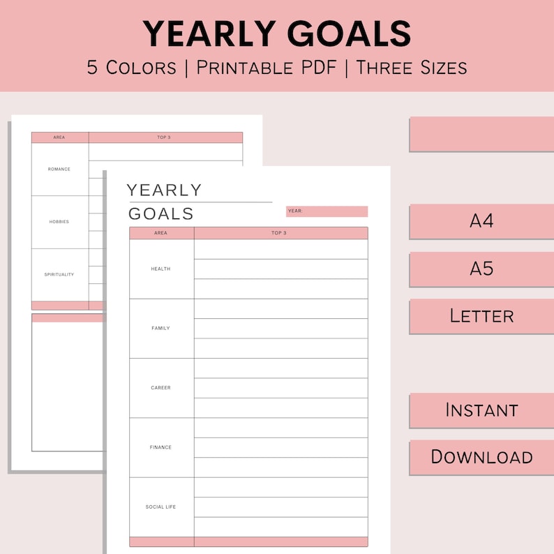 Yearly Goal Planner | Printable Productivity Plan | 8 Areas of Life ...