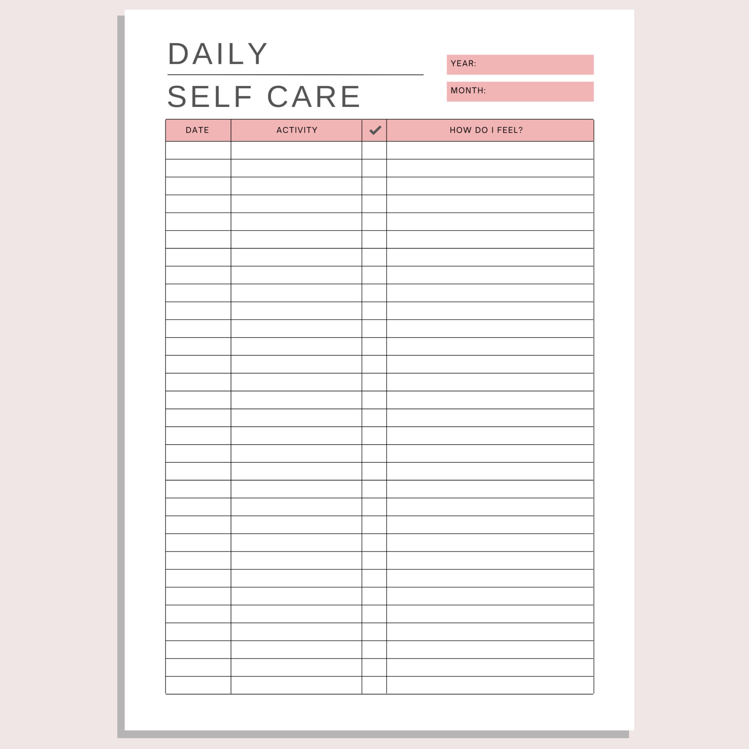 Daily Self Care Log, Wellness Tracker, Self Care Journal, Printable ...