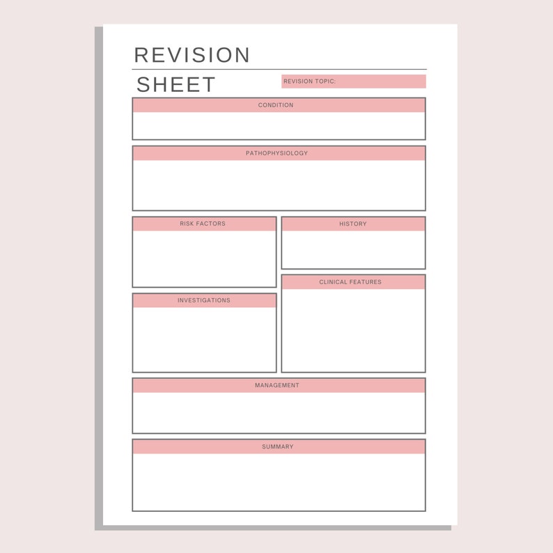 Nursing Revision Sheet | Printable Nursing Template | Condition Summary ...