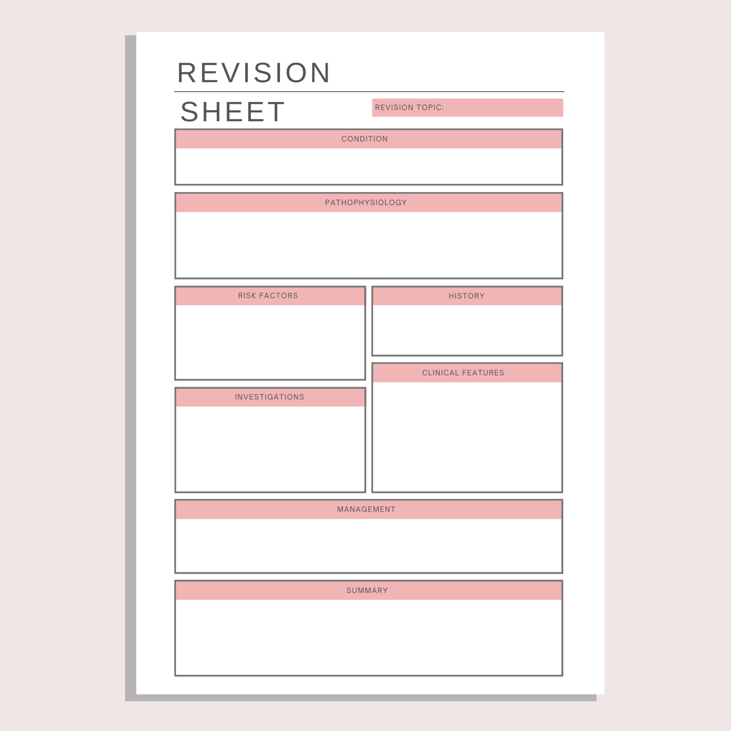 Nursing Revision Sheet | Printable Nursing Template | Condition Summary ...