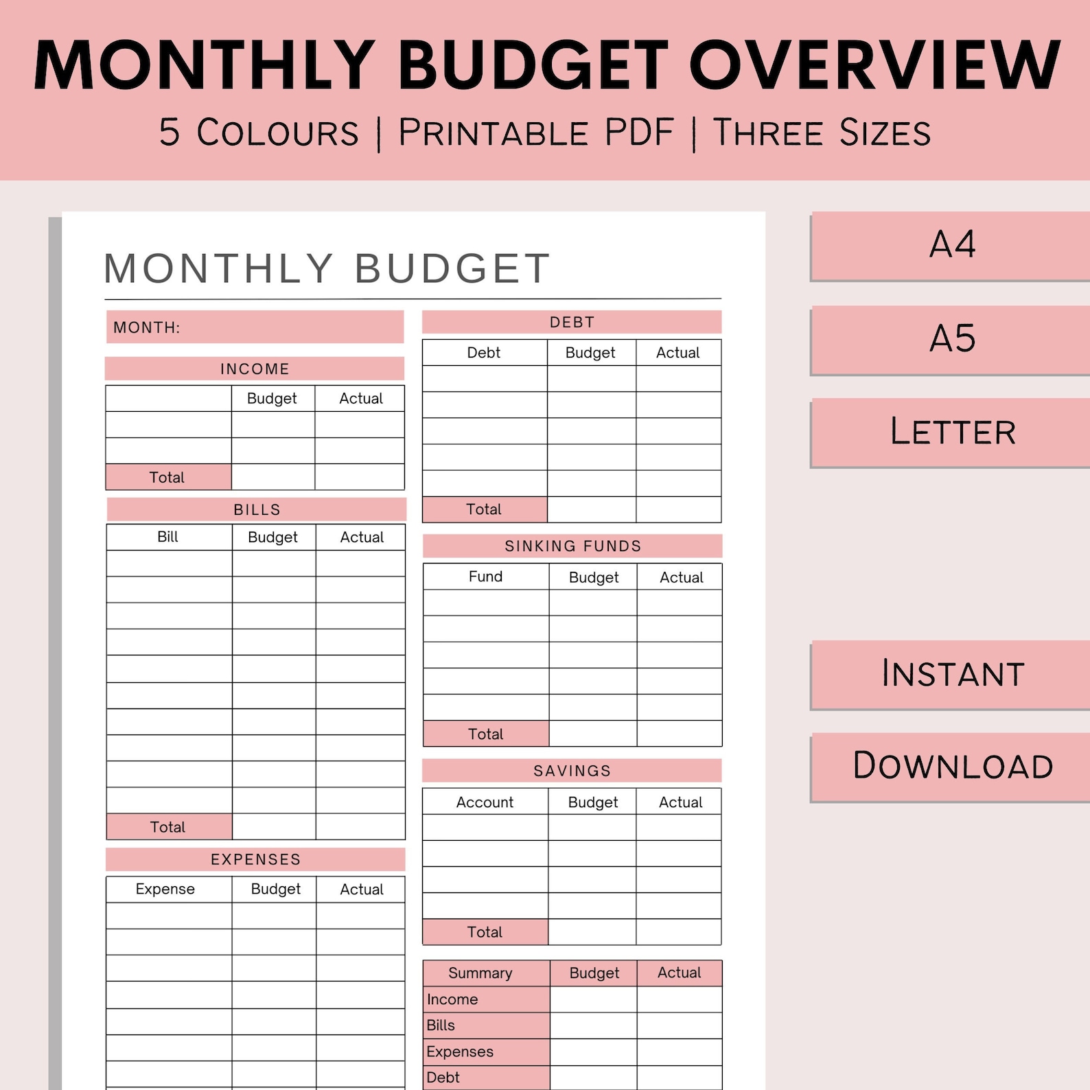 Monthly Budget Overview, Printable Budget Binder, Paycheck Tracker ...
