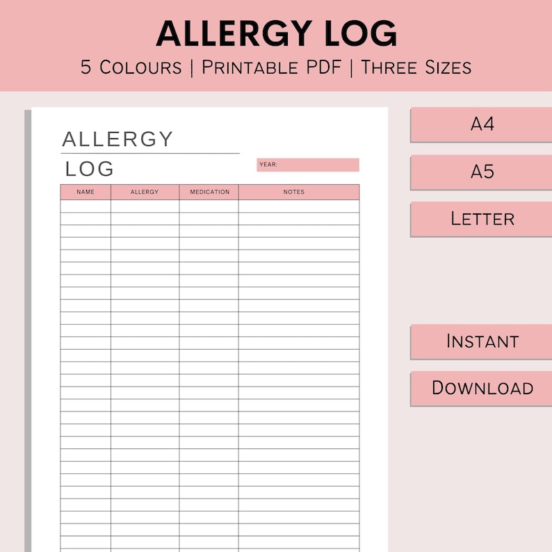 Allergy Log | Allergy Tracker Sheet | Medication Tracker | Printable ...