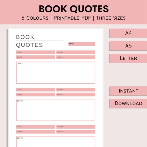 Book Quote Sheet Printable Favorite Quote Tracker Book - Etsy