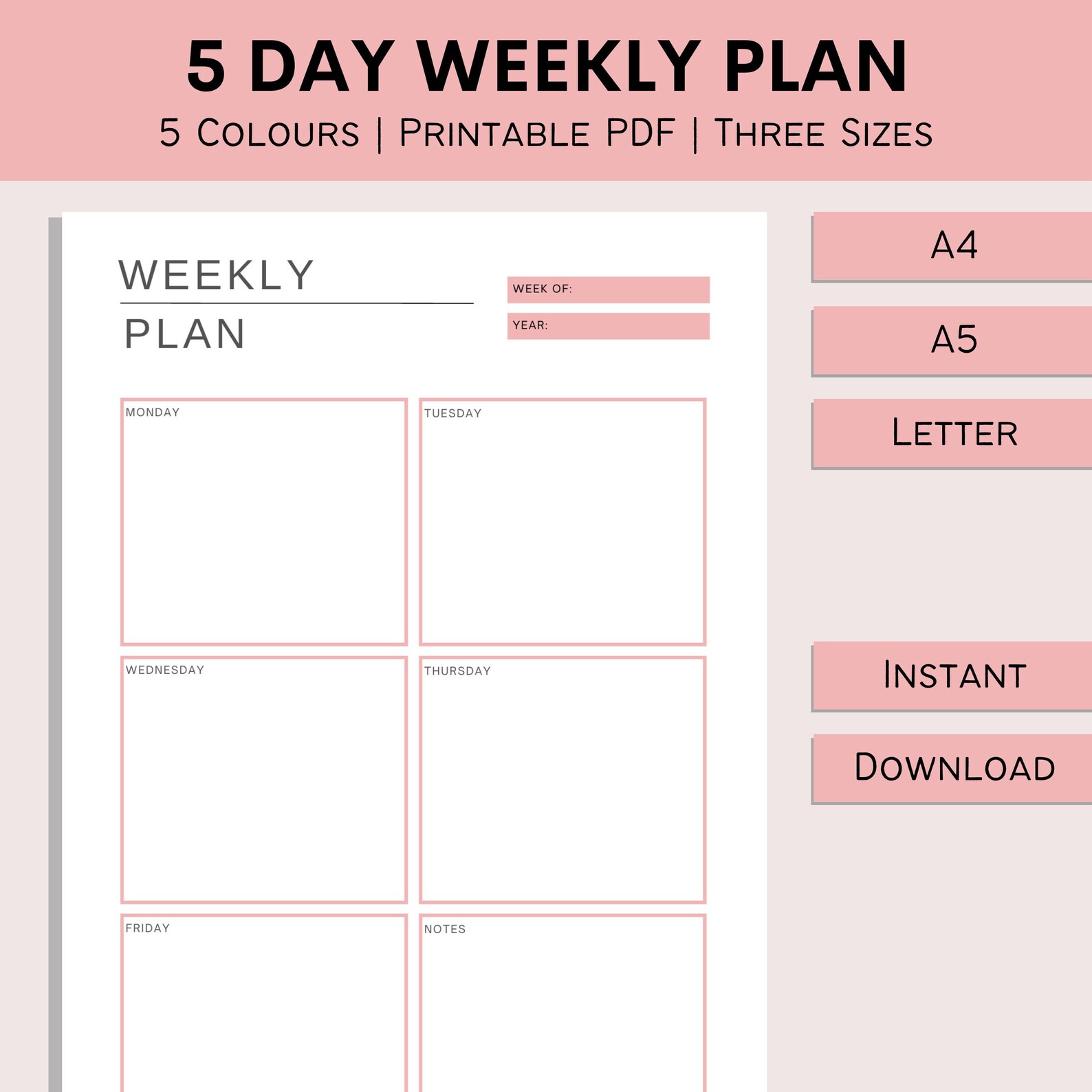 Five Day Weekly Plan | Printable Desk Organizer | Student Plan | Weekly ...