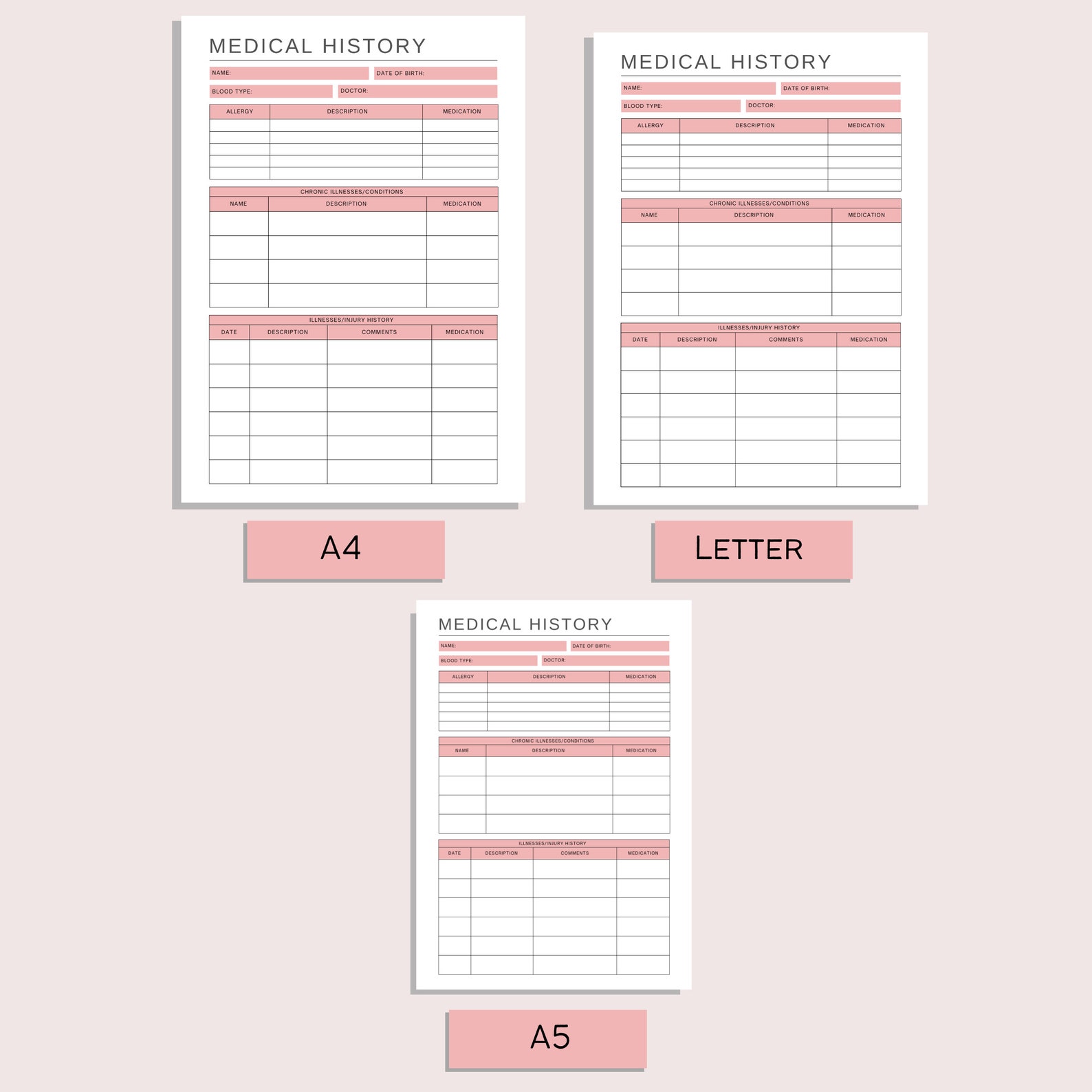 Medical History Form, Printable Medical Binder, Family Health Chart ...