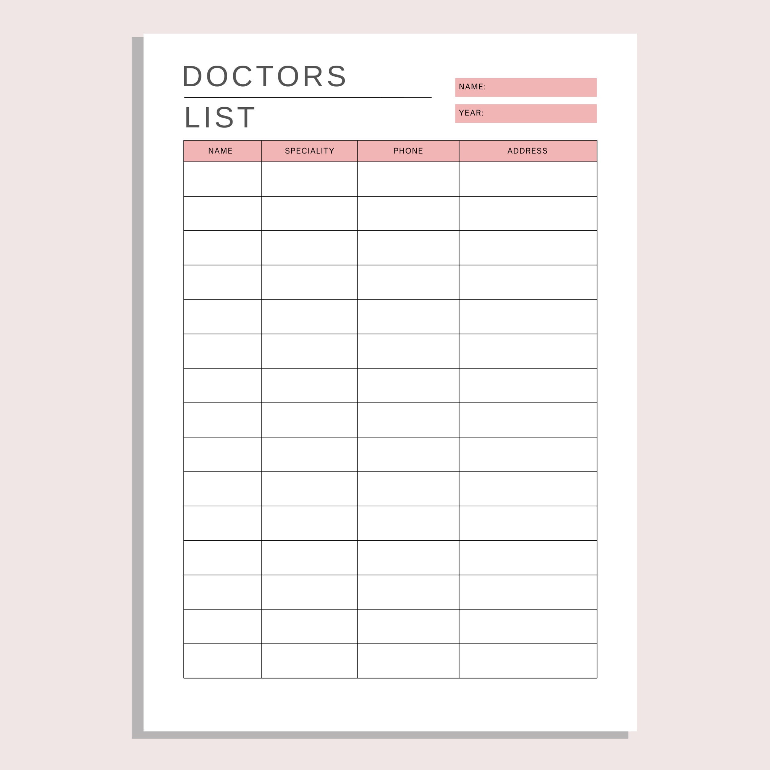 Doctor Contact List | Printable Medical Information | Healthcare ...