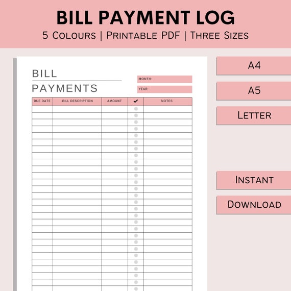 Bill Payment Log Checklist Finance Tracker Bill Planner - Etsy