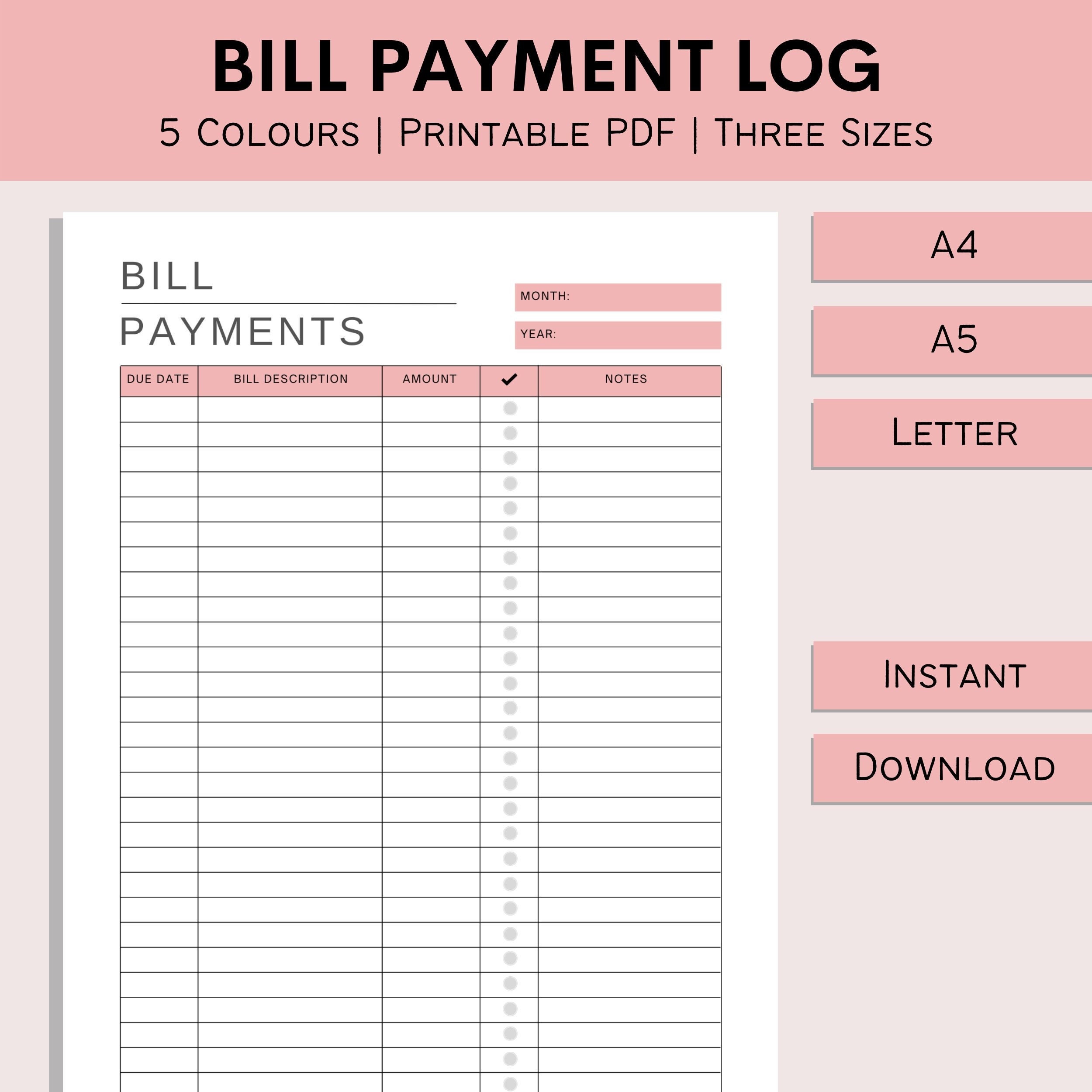 Bill Payment Log | Checklist | Finance Tracker | Bill Planner ...