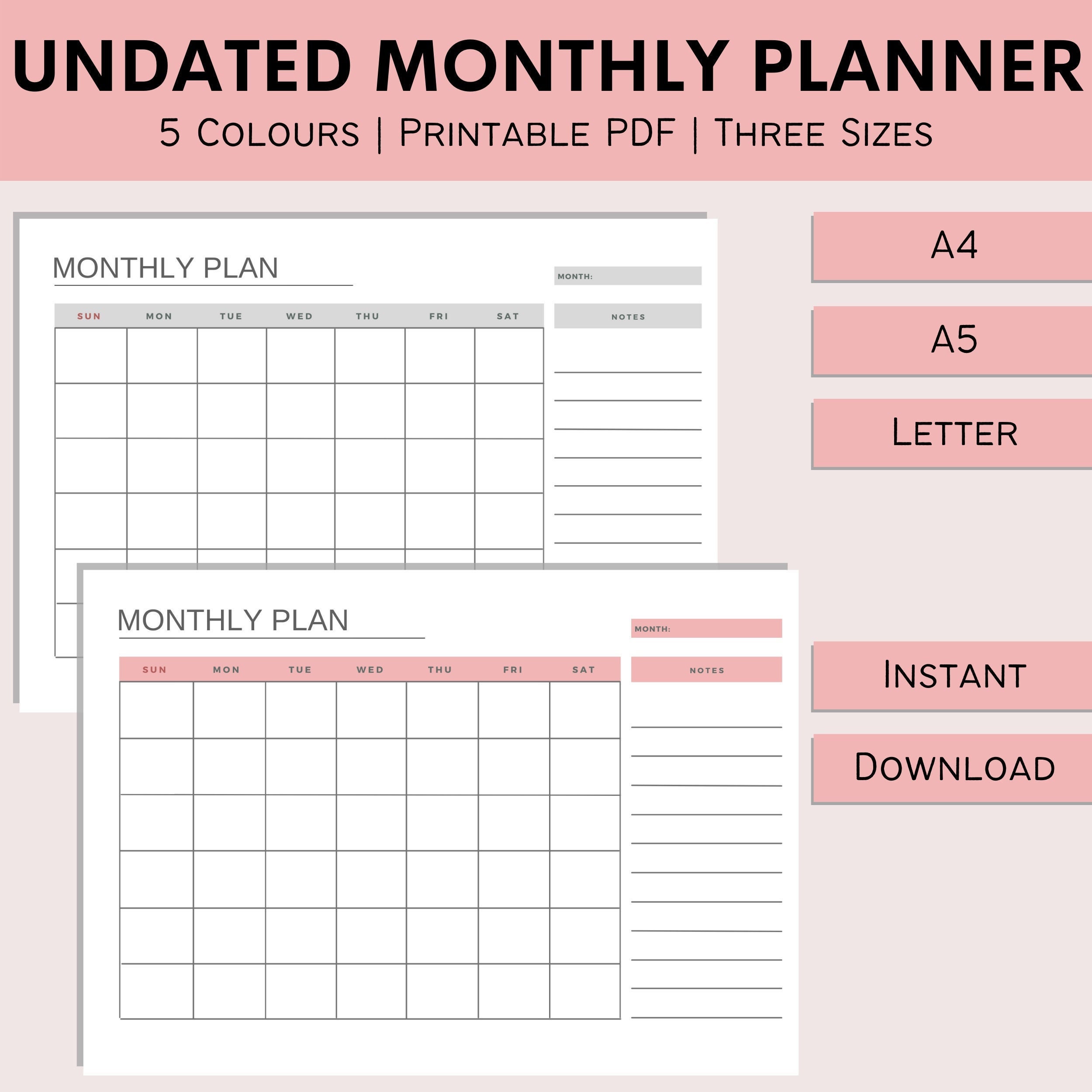 Undated Monthly Planner | Printable Blank Calendar | Month at A Glance ...