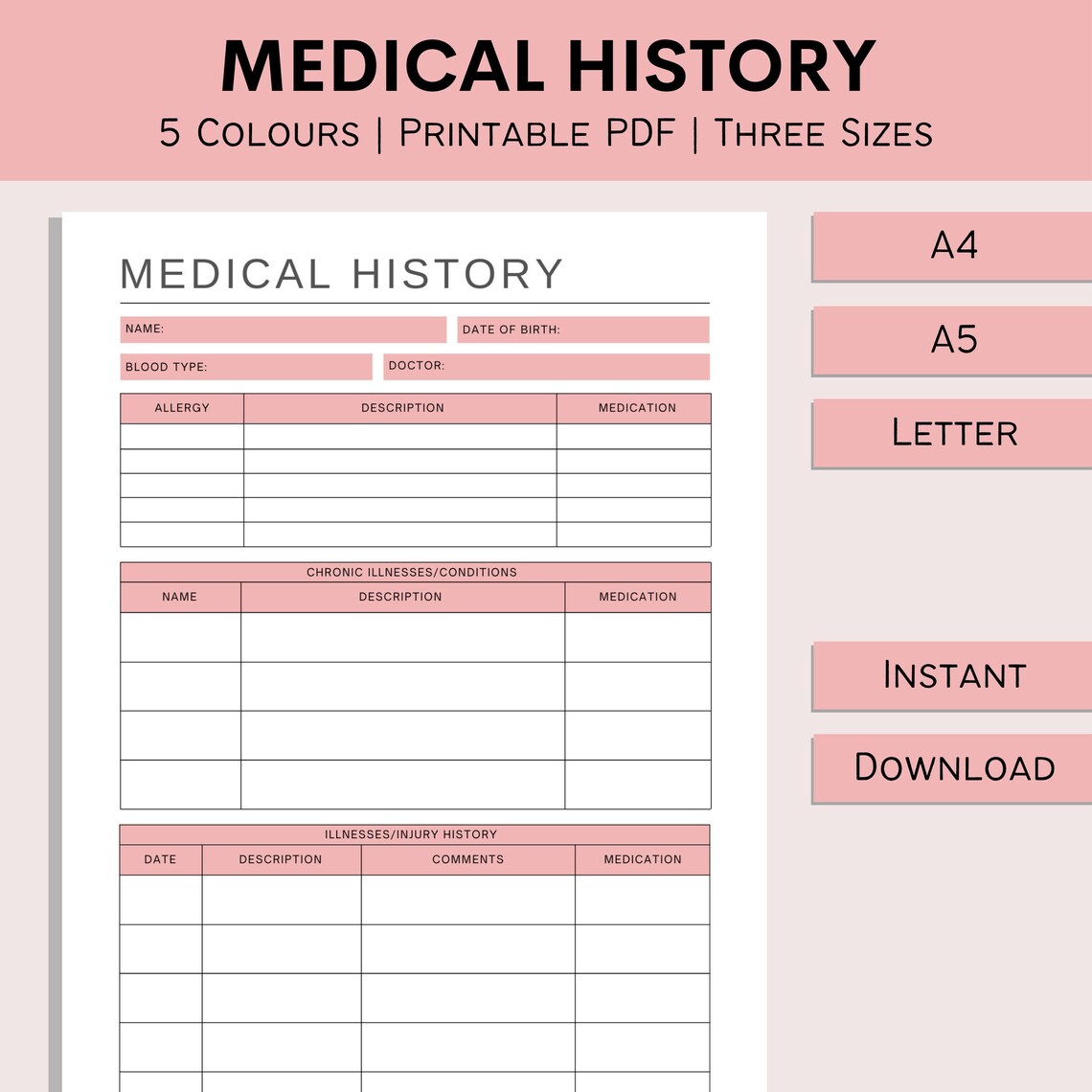 Medical History Form, Printable Medical Binder, Family Health Chart ...