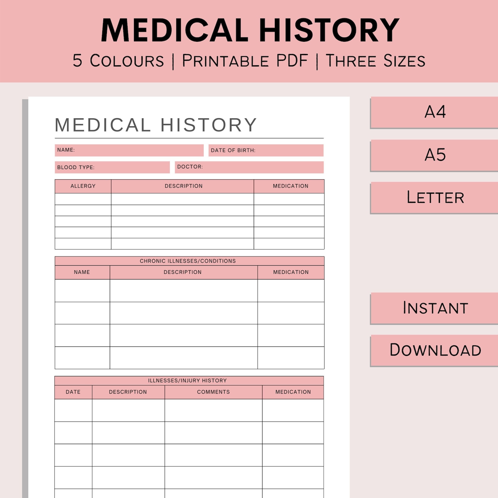 Medical History Form, Printable Medical Binder, Family Health Chart ...