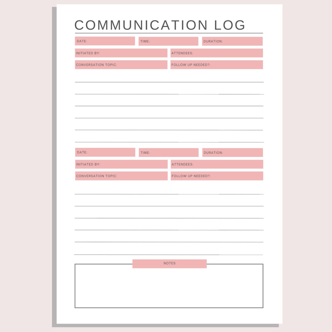 Communication Log | Printable Conversation Record | Team Call ...