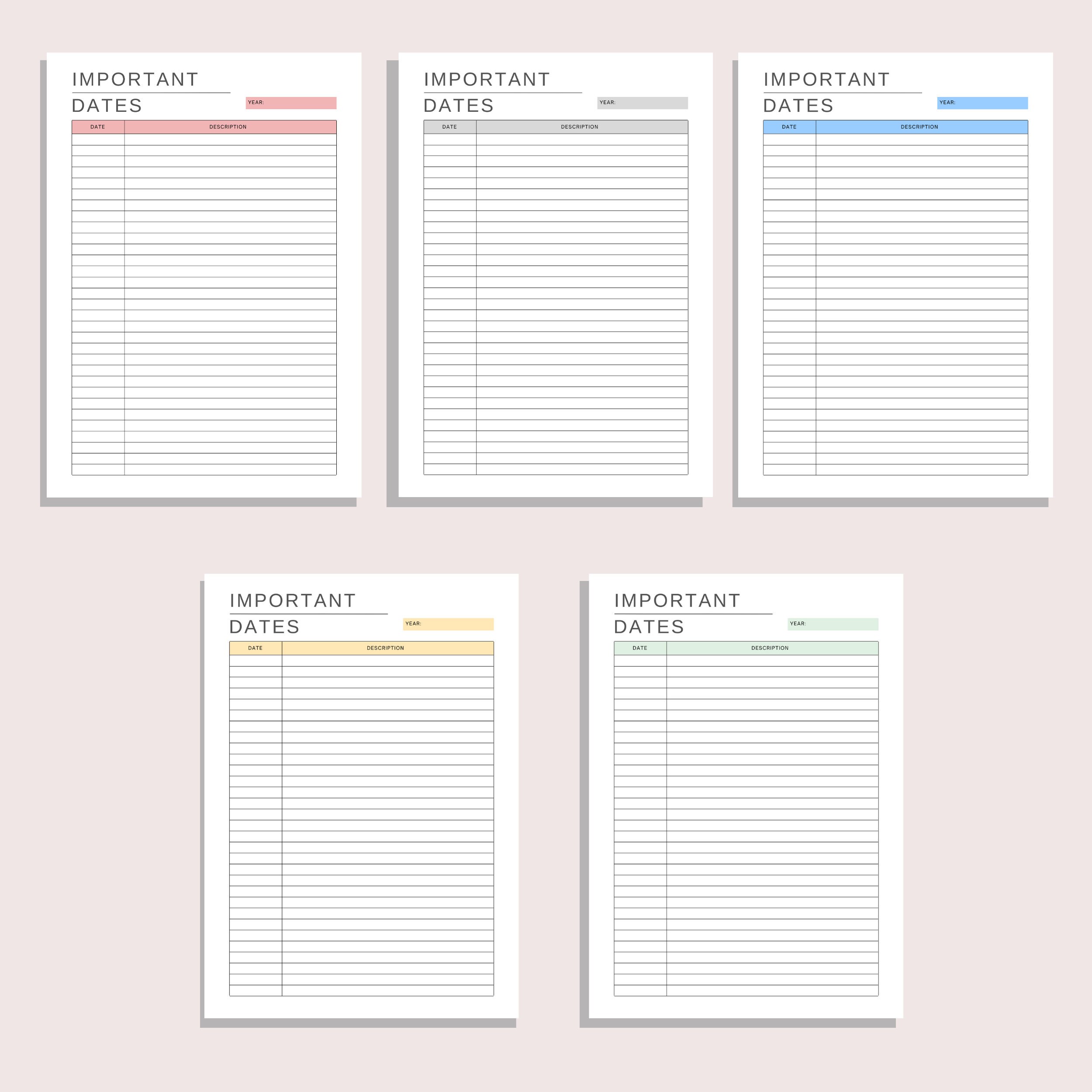 Important Dates List | Printable Dates Log | Family Life Tracker ...