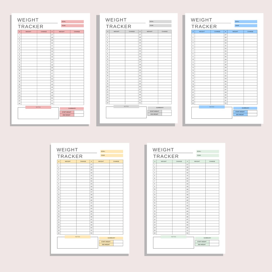 Weekly Weight Loss Tracker | Printable Fitness Planner | 1 Year Weight ...