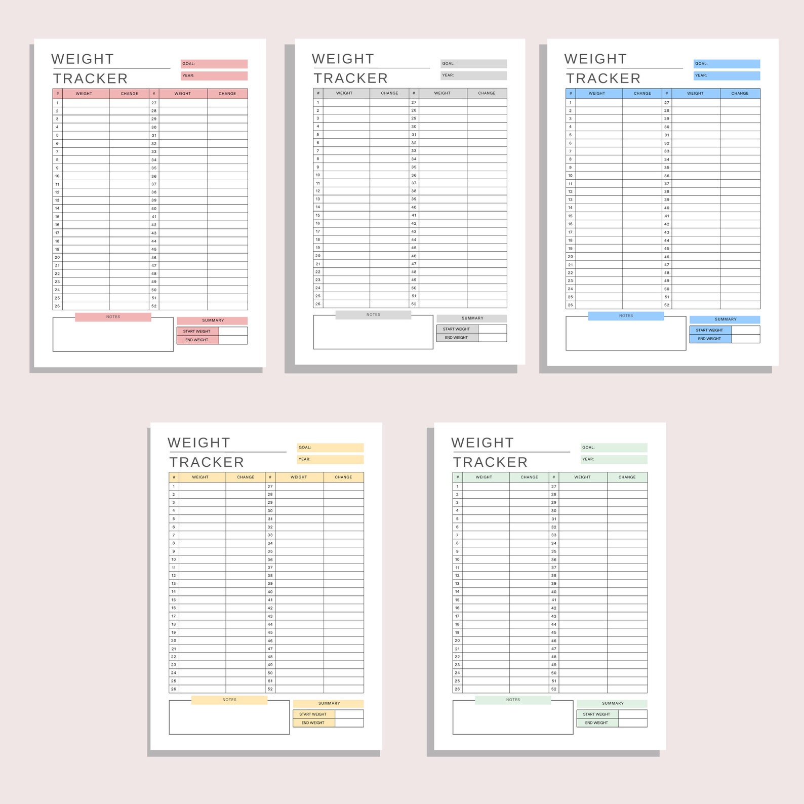 Weekly Weight Loss Tracker | Printable Fitness Planner | 1 Year Weight ...