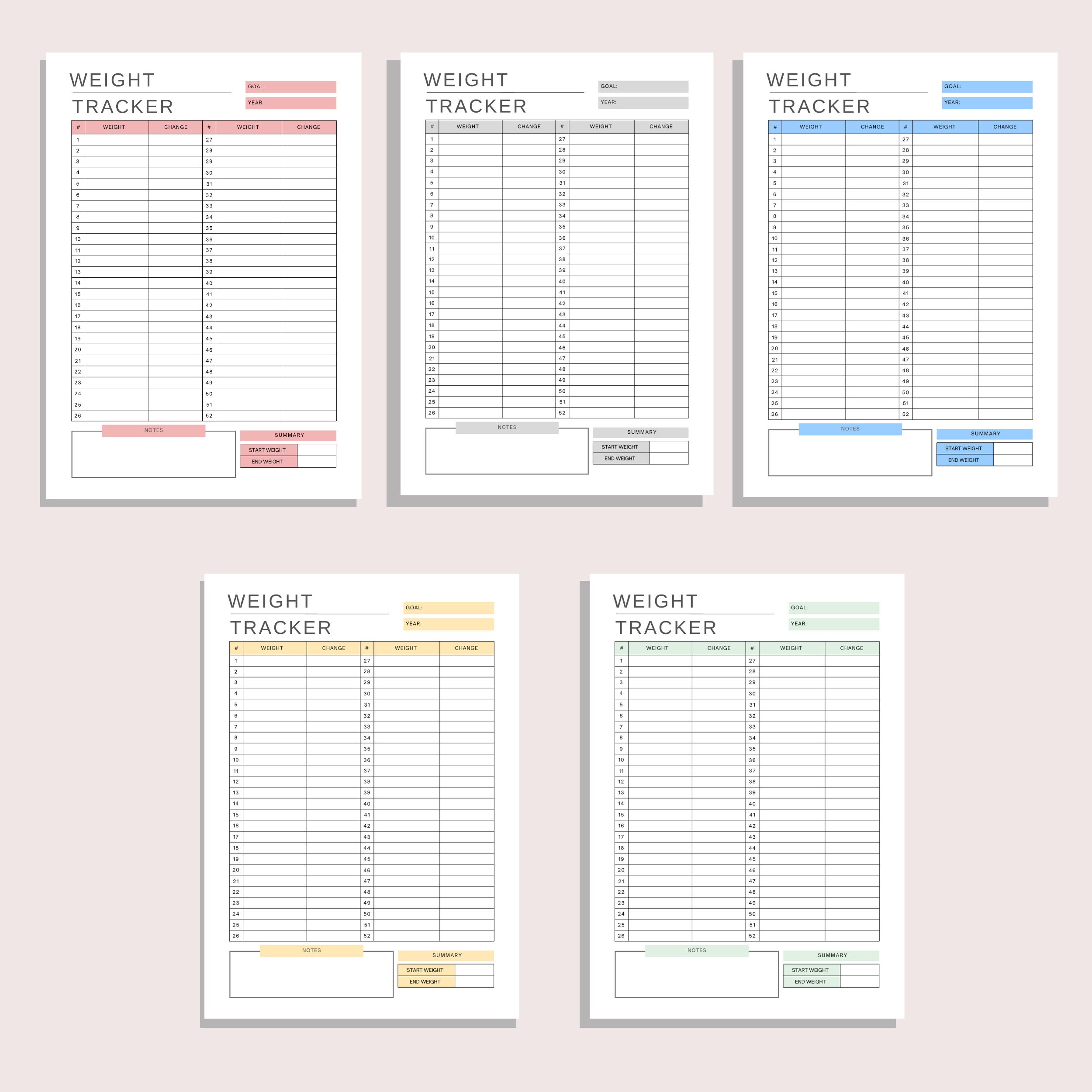 Weekly Weight Loss Tracker | Printable Fitness Planner | 1 Year Weight ...