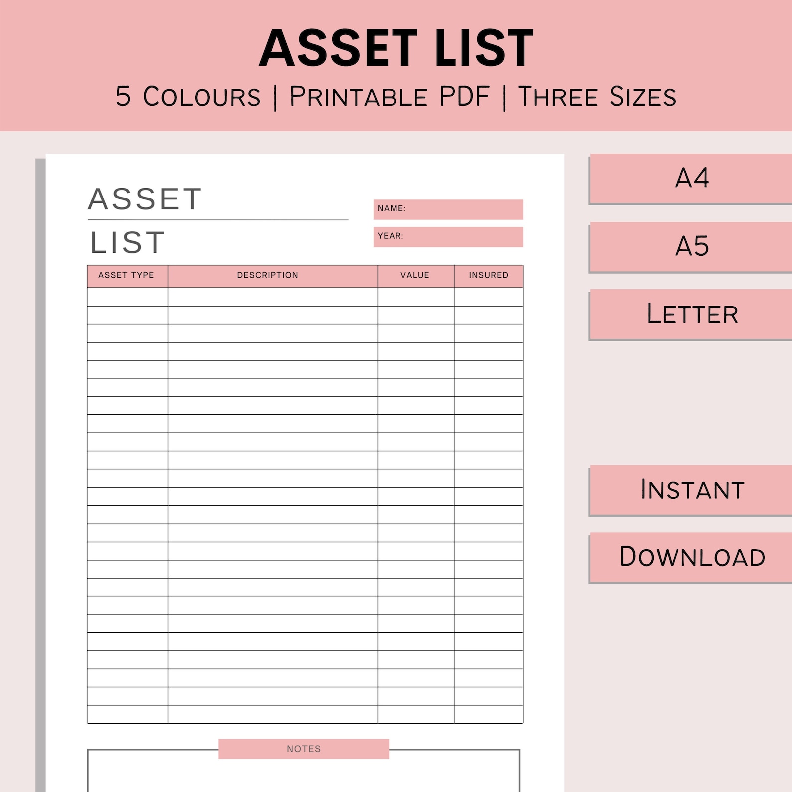 Asset List | Printable Item Log | Finance Tracker | Home Inventory List ...