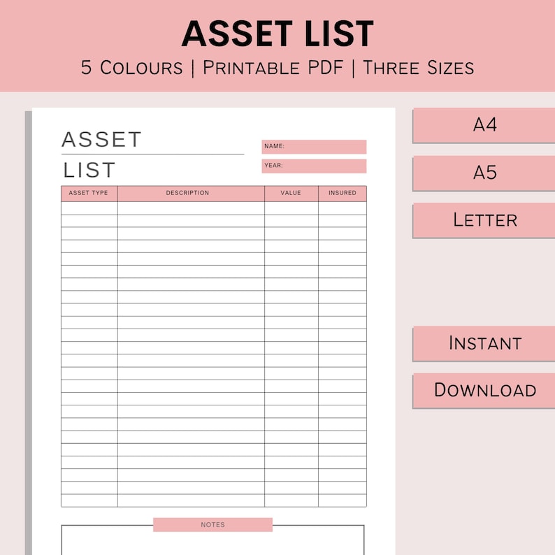 Asset List | Printable Item Log | Finance Tracker | Home Inventory List ...