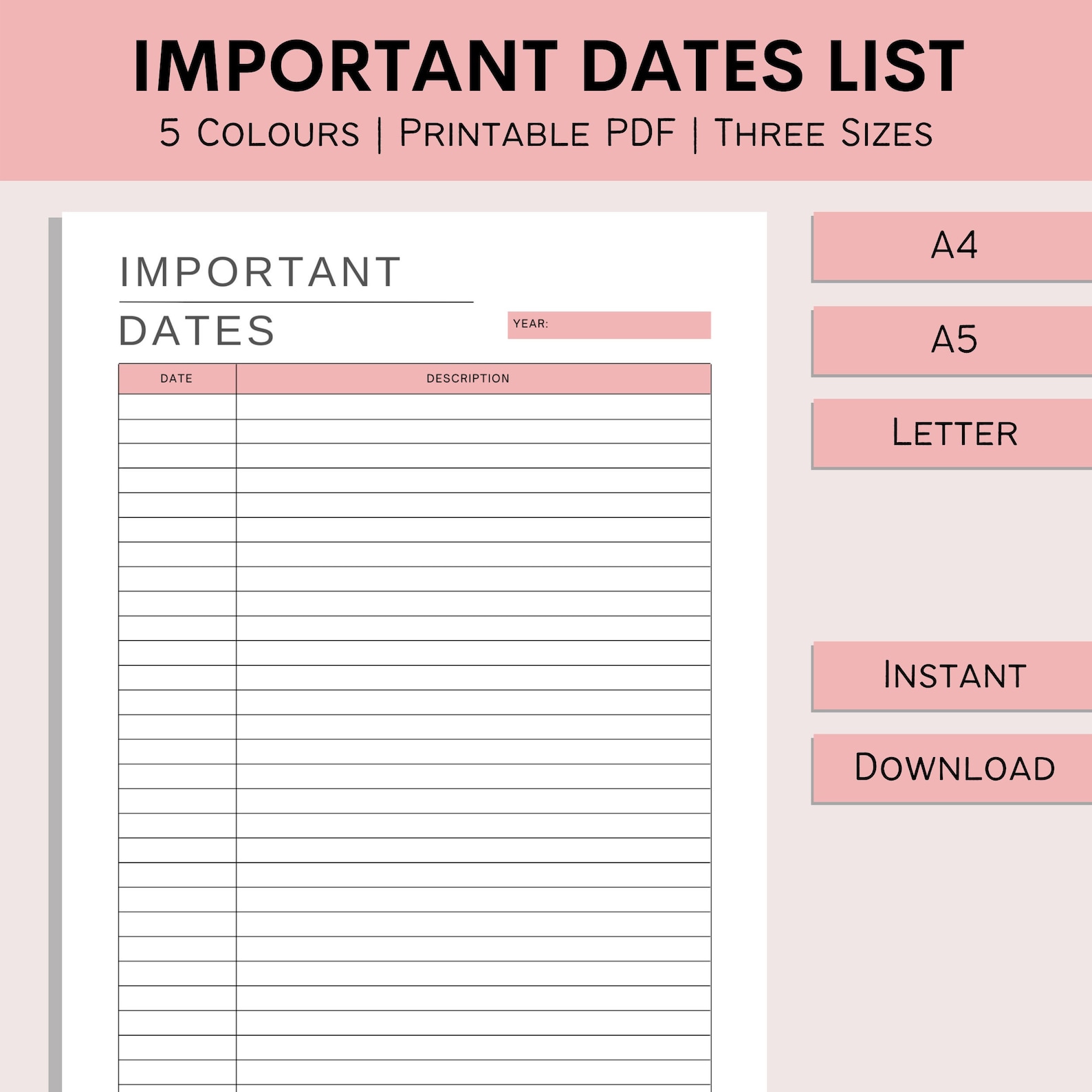 Important Dates List | Printable Dates Log | Family Life Tracker ...