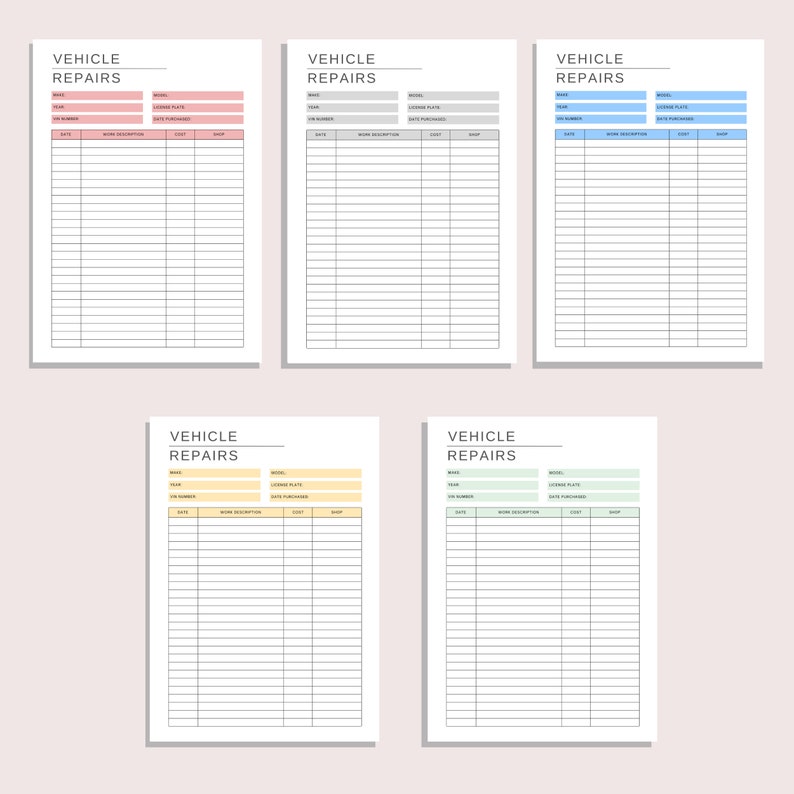 Vehicle Repair Log | Maintenance Tracker | Mechanic | Printable Work ...