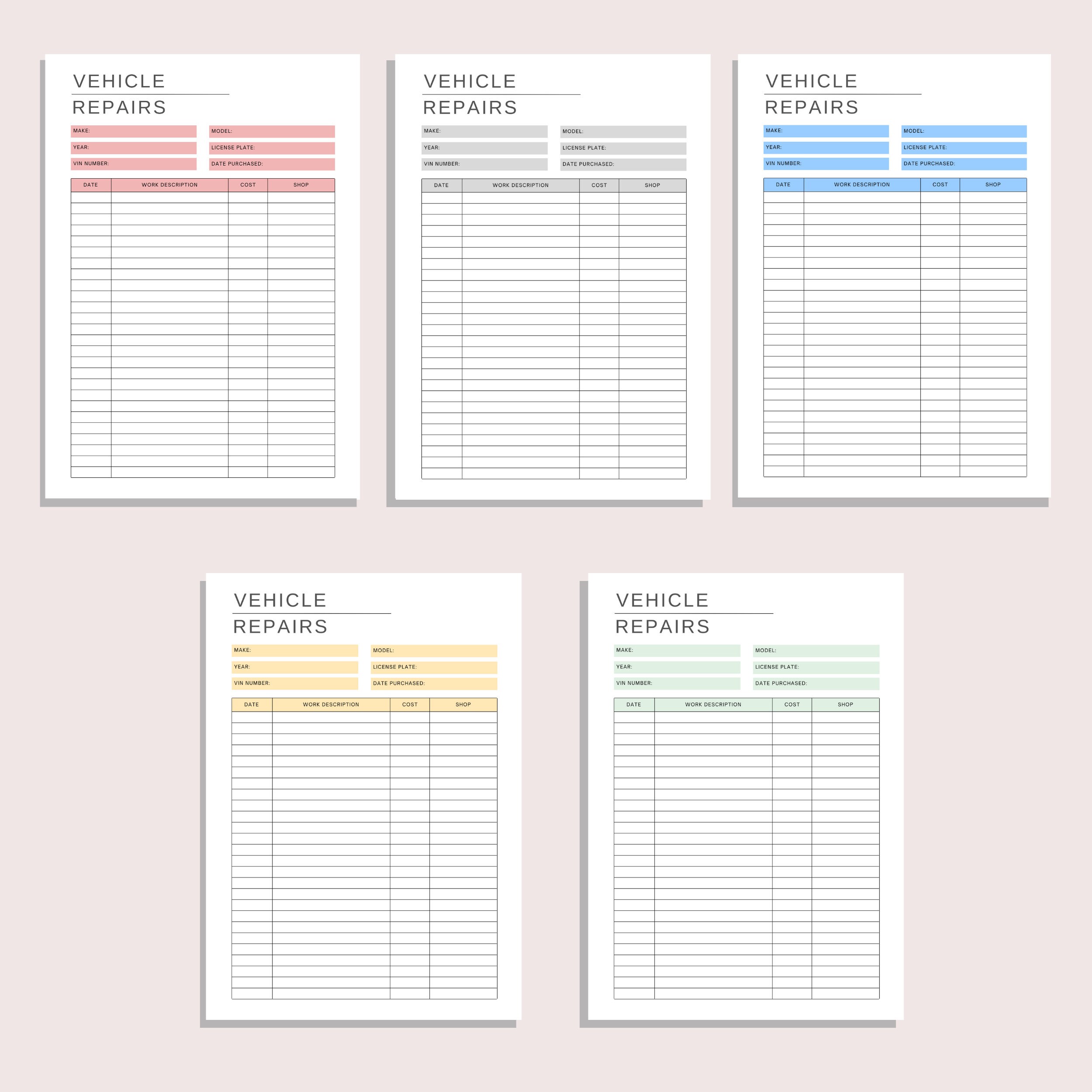 Vehicle Repair Log | Maintenance Tracker | Mechanic | Printable Work ...
