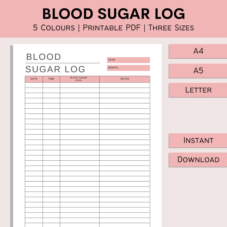 Blood Sugar Log Printable Blood Sugar Tracker Diabetic Log Etsy
