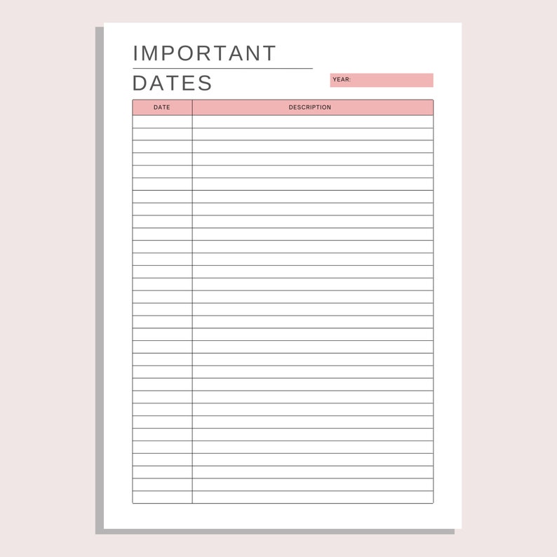 Important Dates List | Printable Dates Log | Family Life Tracker ...