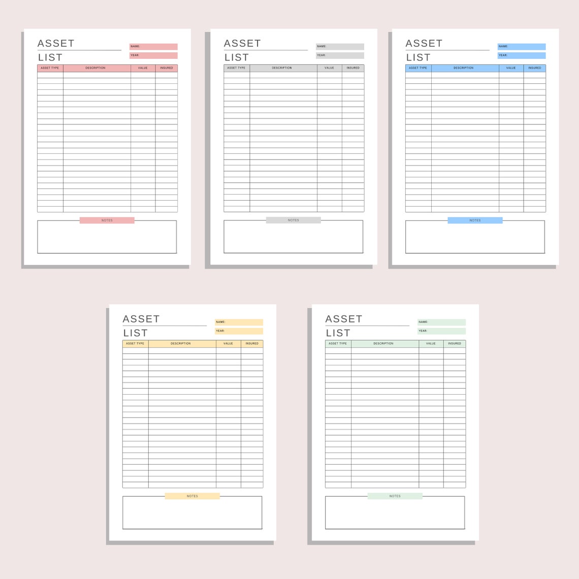 Asset List | Printable Item Log | Finance Tracker | Home Inventory List ...
