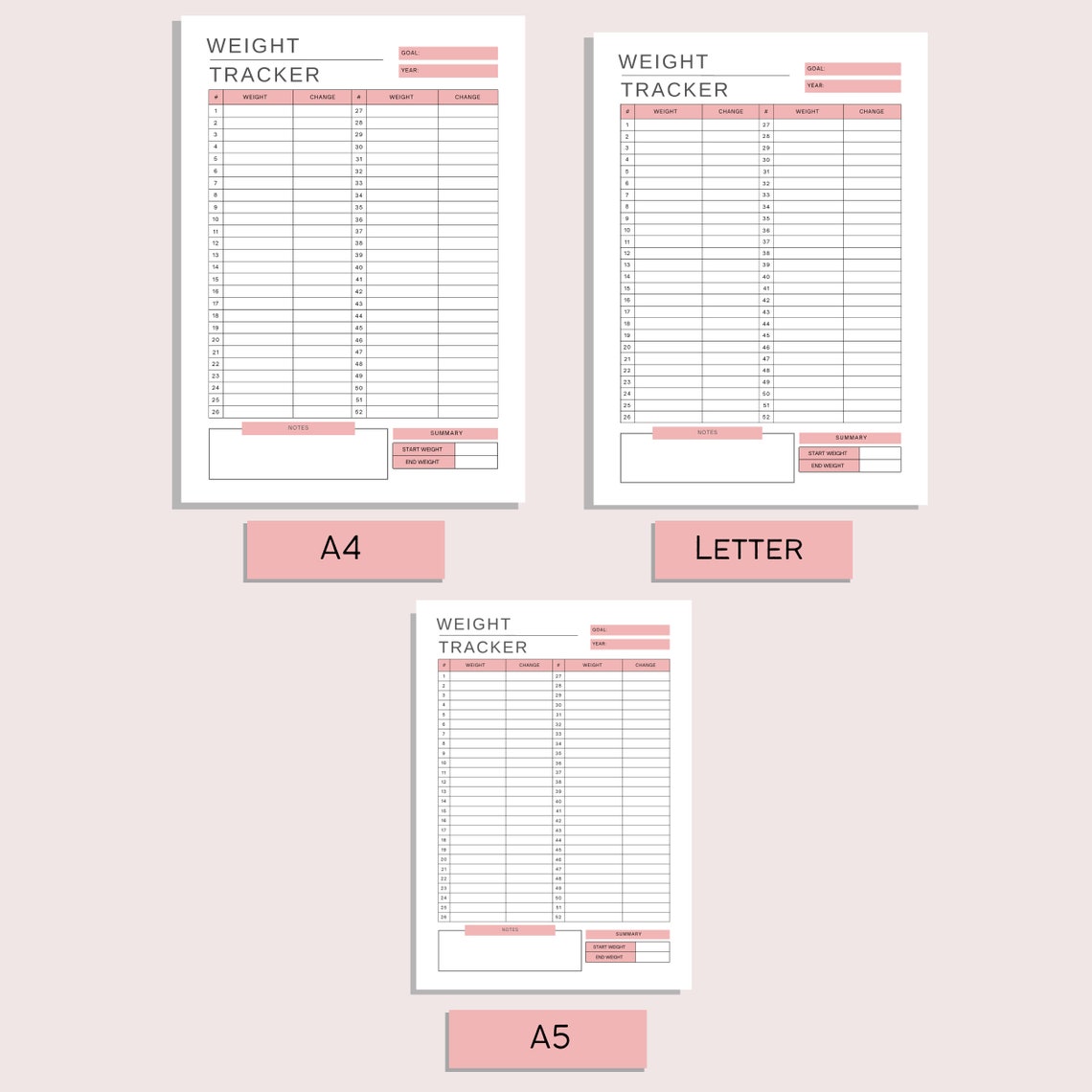 Weekly Weight Loss Tracker | Printable Fitness Planner | 1 Year Weight ...