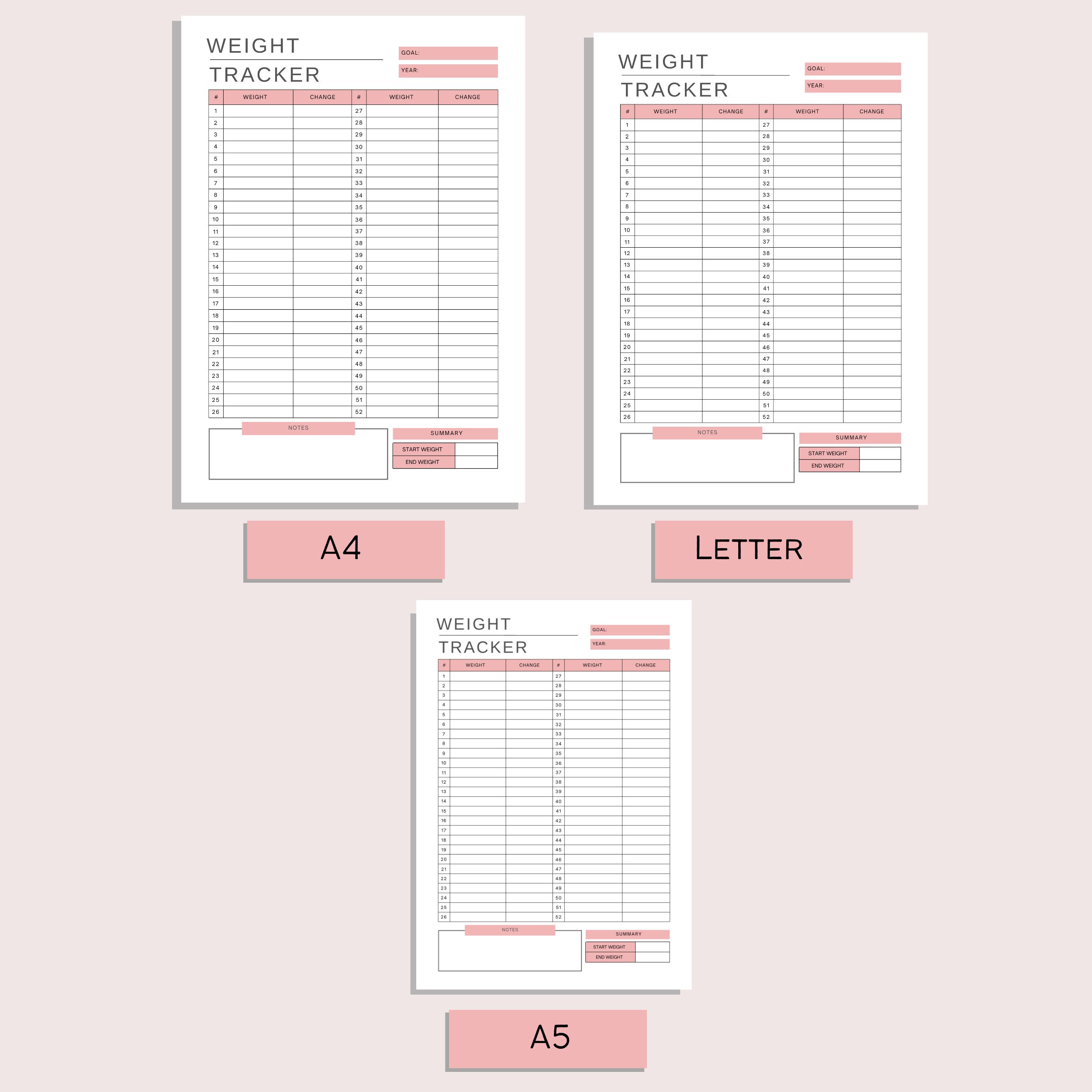 Weekly Weight Loss Tracker | Printable Fitness Planner | 1 Year Weight ...