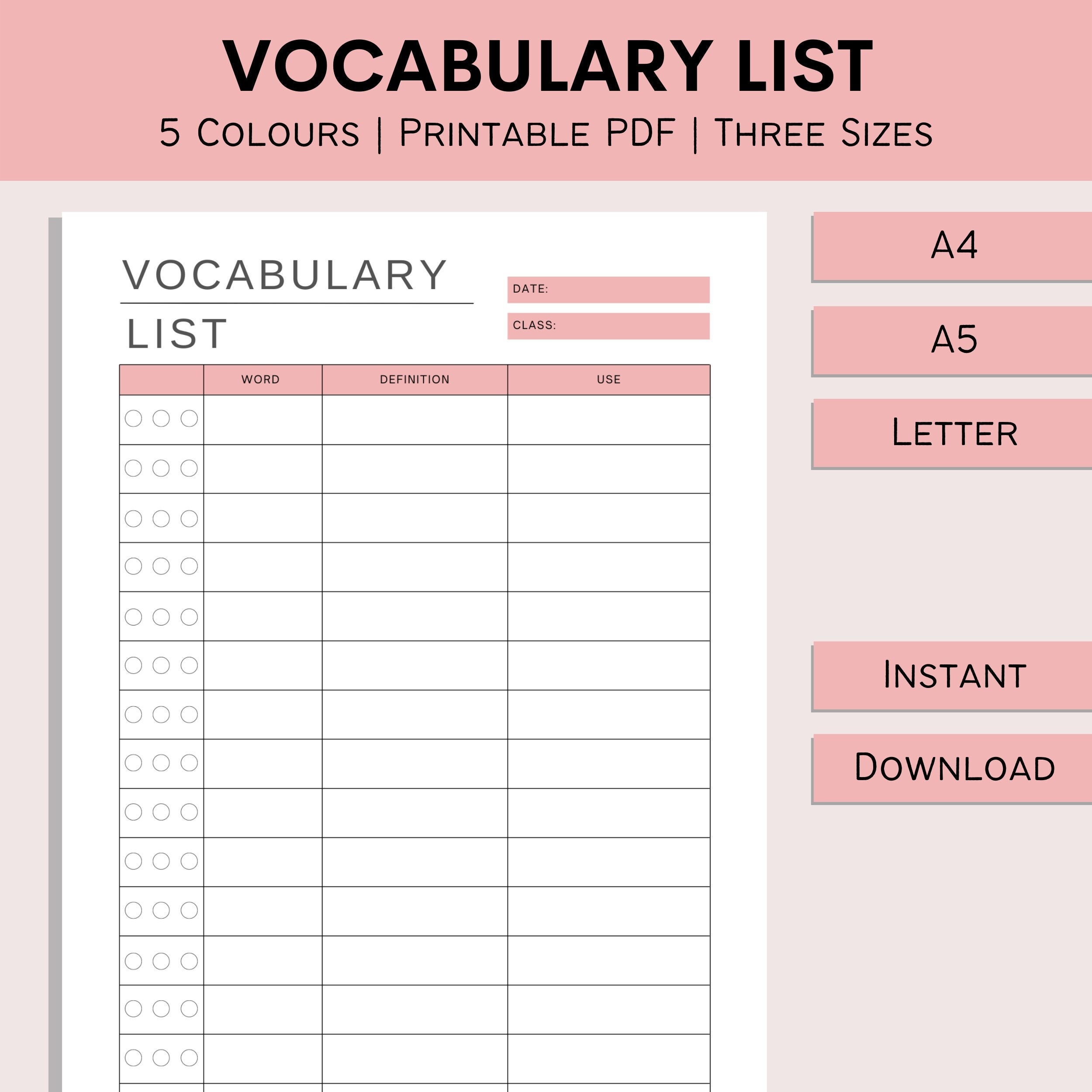 Vocabulary List | Printable Literacy Worksheet | Voca Card | Language ...