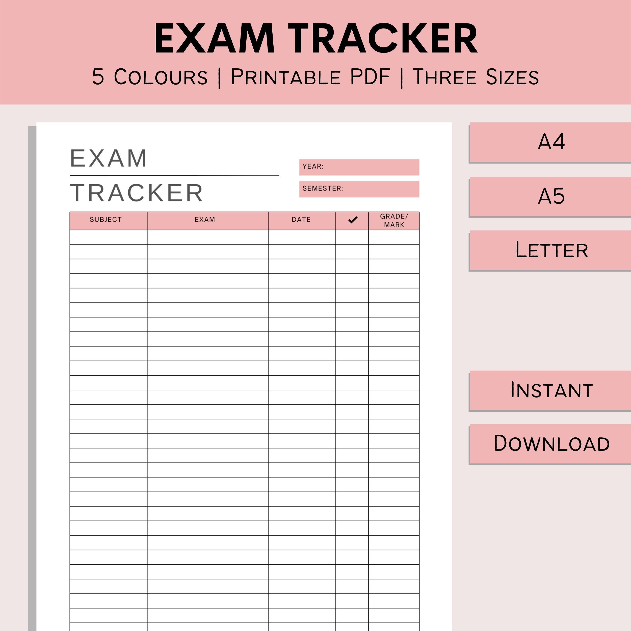 Exam Tracker | Printable College Exam Log | University Assessment ...