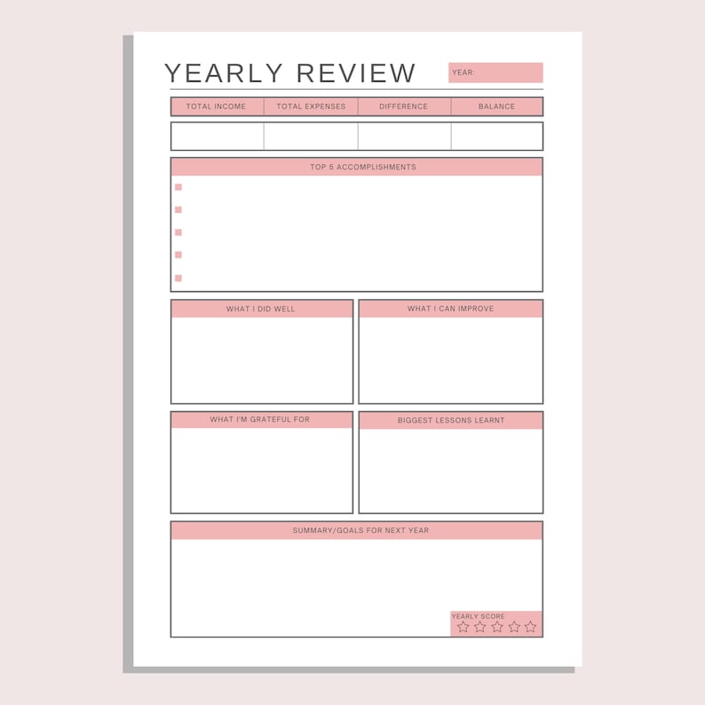 Yearly Financial Overview, Printable Finance Summary, Personal ...