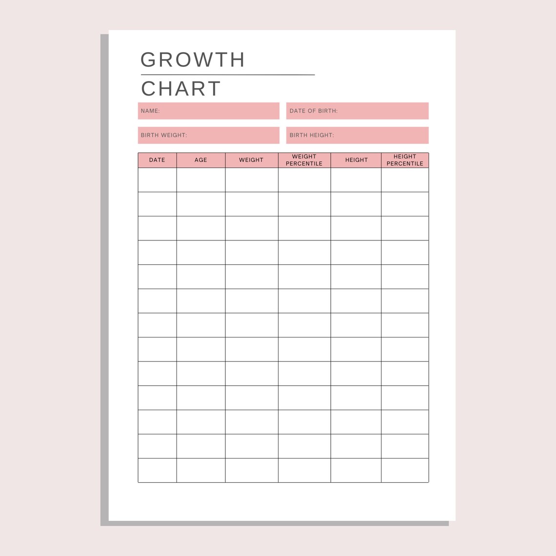 Childs Growth Chart | Printable Height and Weight Tracker | Kids Size ...