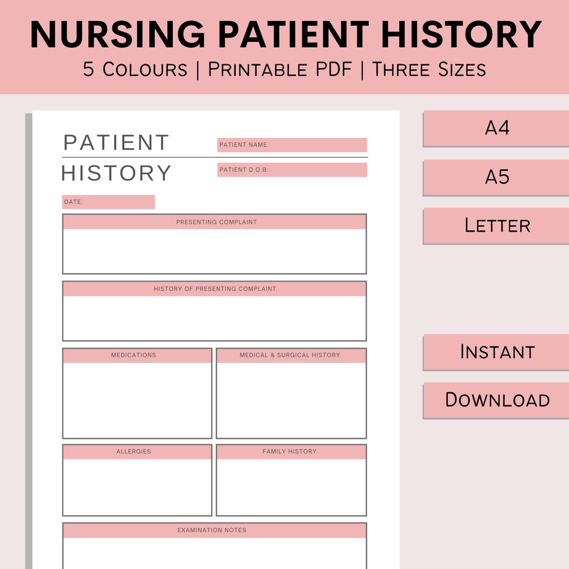 Nursing Patient History | Nursing Student Printable Sheet | Medical ...