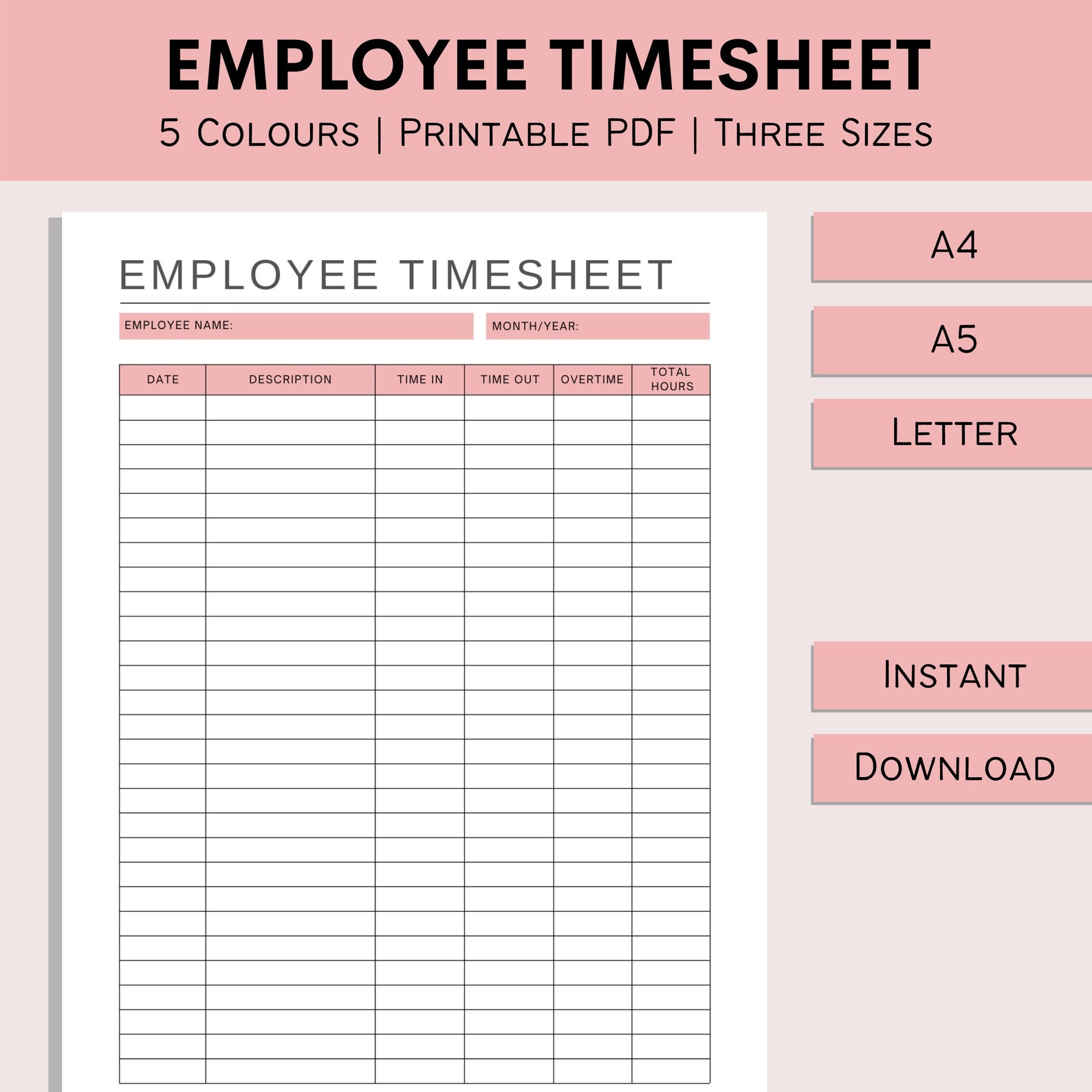 Employee Timesheet | Printable Work Schedule Tracker | Timekeeping Log ...