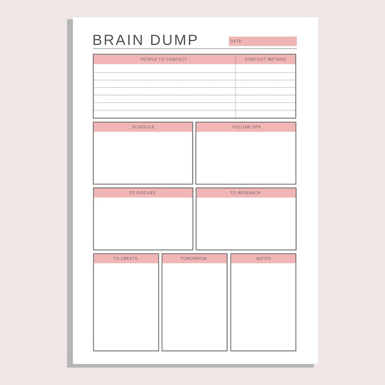 Brain Dump Printable | Daily Thoughts Organzier | Day Planner Template ...