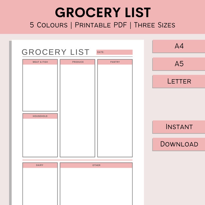 Grocery List Printable | Food Shopping Checklist | Weekly Groceries ...