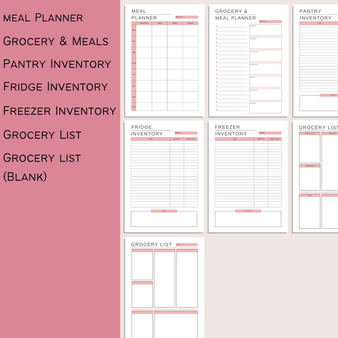 Week Meal Planner Bundle Printable, Grocery List, Meal Prep, Menu ...