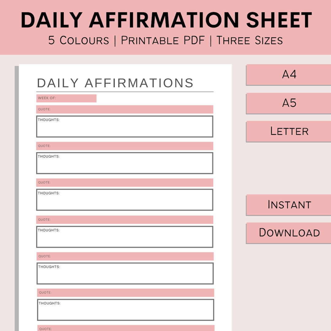 Daily Affirmations Sheet | Printable Positive Quotes | Inspirational ...