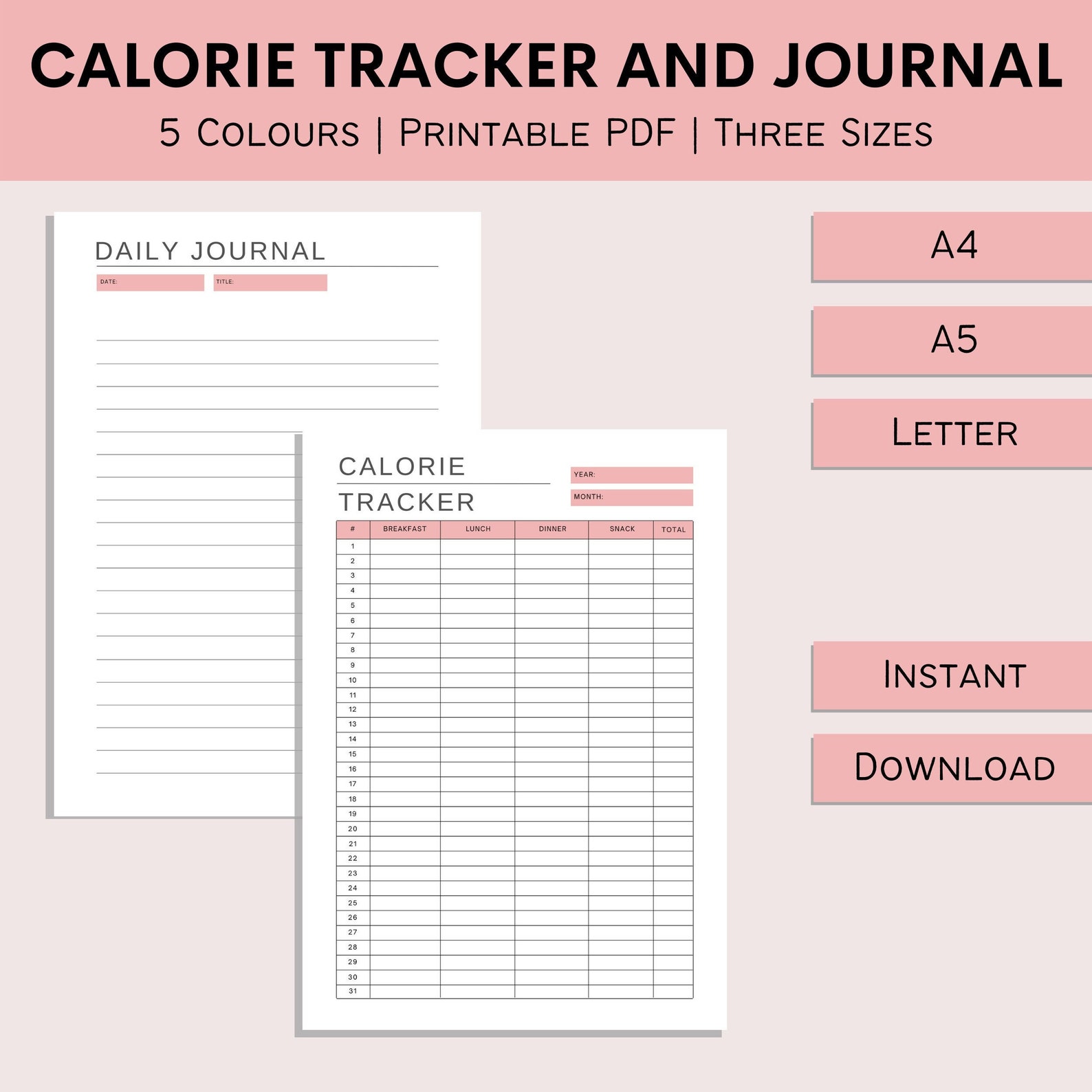 Calorie Tracker and Journal, Monthly Calorie Intake Printable, Daily ...