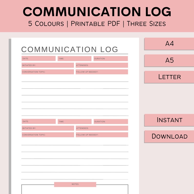 Communication Log | Printable Conversation Record | Team Call ...